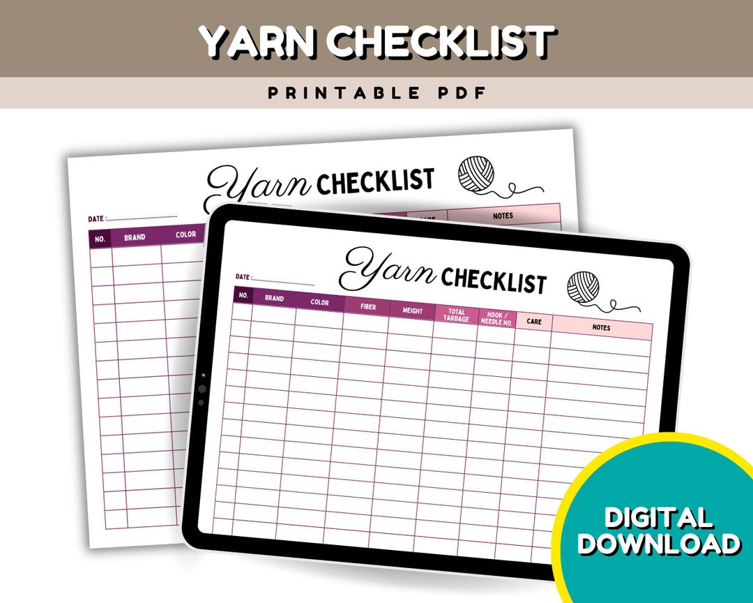 Yarn Checklist Printable PDF, Knitting & Crochet Supply Organizer, Yarn ...