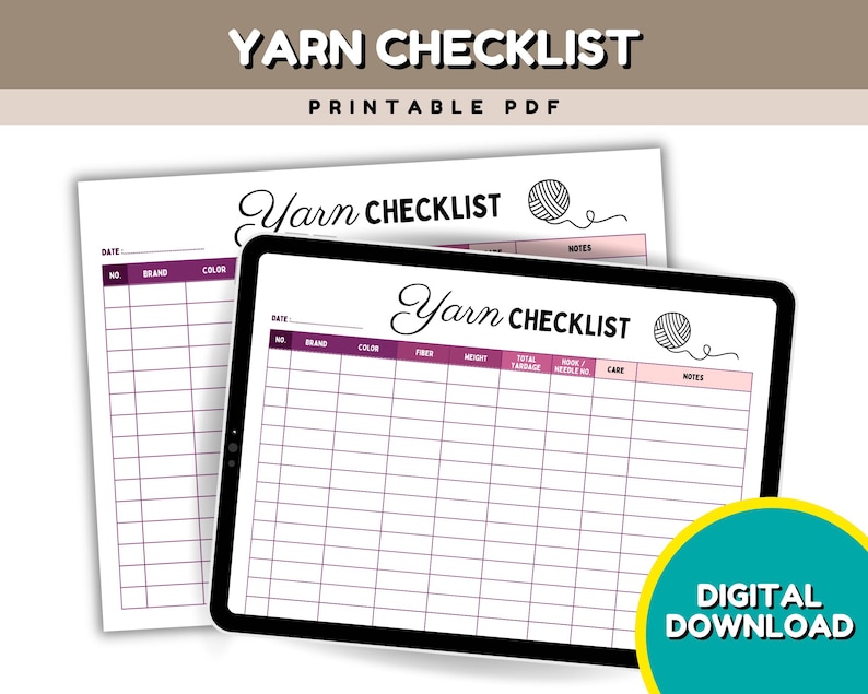 Yarn Checklist Printable PDF, Knitting & Crochet Supply Organizer, Yarn ...