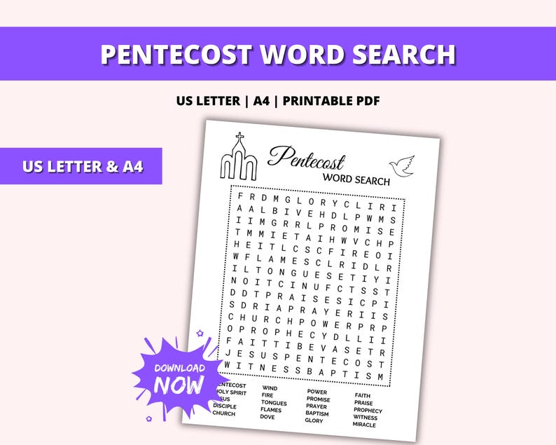 Pentecost Wordsearch Printable Pentecost Bible Activity for Kids Study ...
