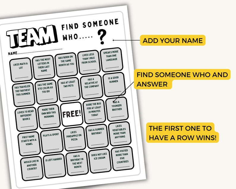 Team Building Get to Know Me Questionnaire Printable, Find Someone Who ...