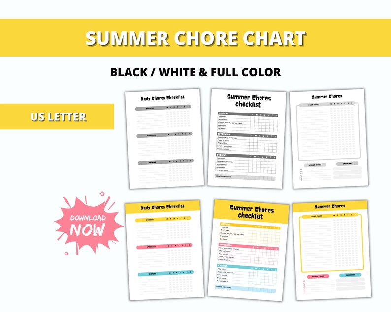 Printable Summer Chore Chart for Kids Motivational Tracker Toddler ...