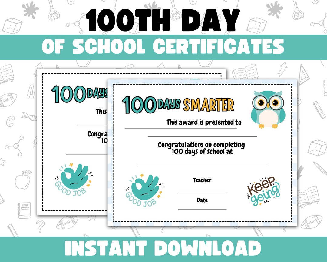 100th Day of School Certificate Blue Wise Little Owl 100th Day ...