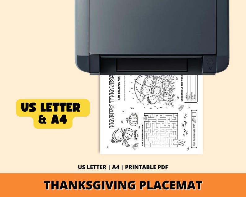 Thanksgiving Coloring Placemat for Kids, Printable Fall Activity Sheet ...