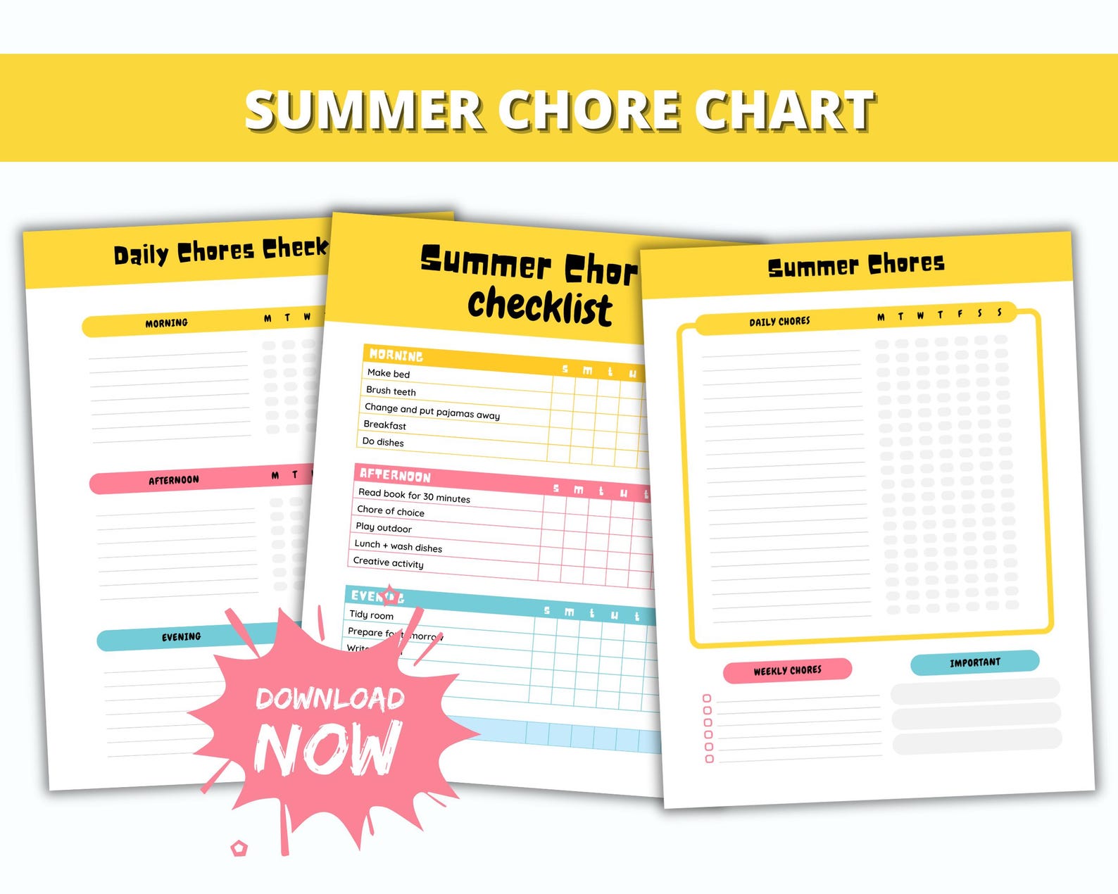 Printable Summer Chore Chart for Kids Motivational Tracker Toddler ...