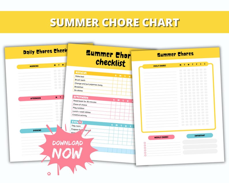 Printable Summer Chore Chart for Kids Motivational Tracker Toddler ...