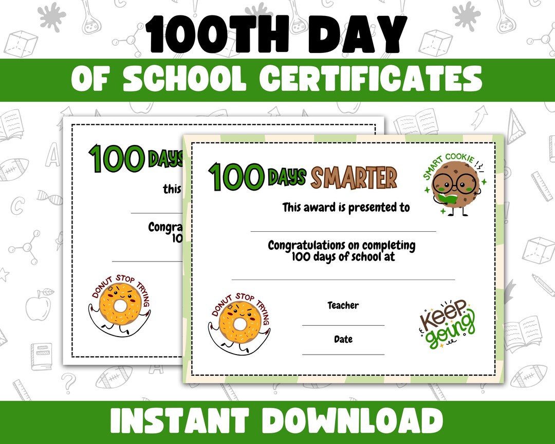100 Days Smarter Certificate, 100th Day of School Certificate With ...