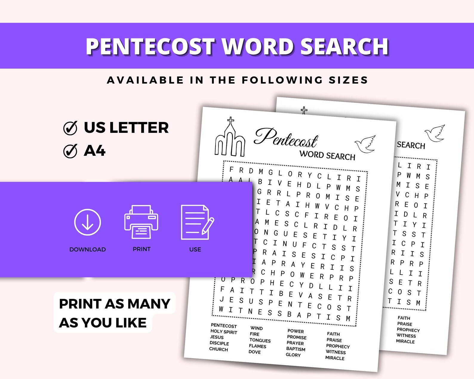 Pentecost Wordsearch Printable Pentecost Bible Activity for Kids Study ...