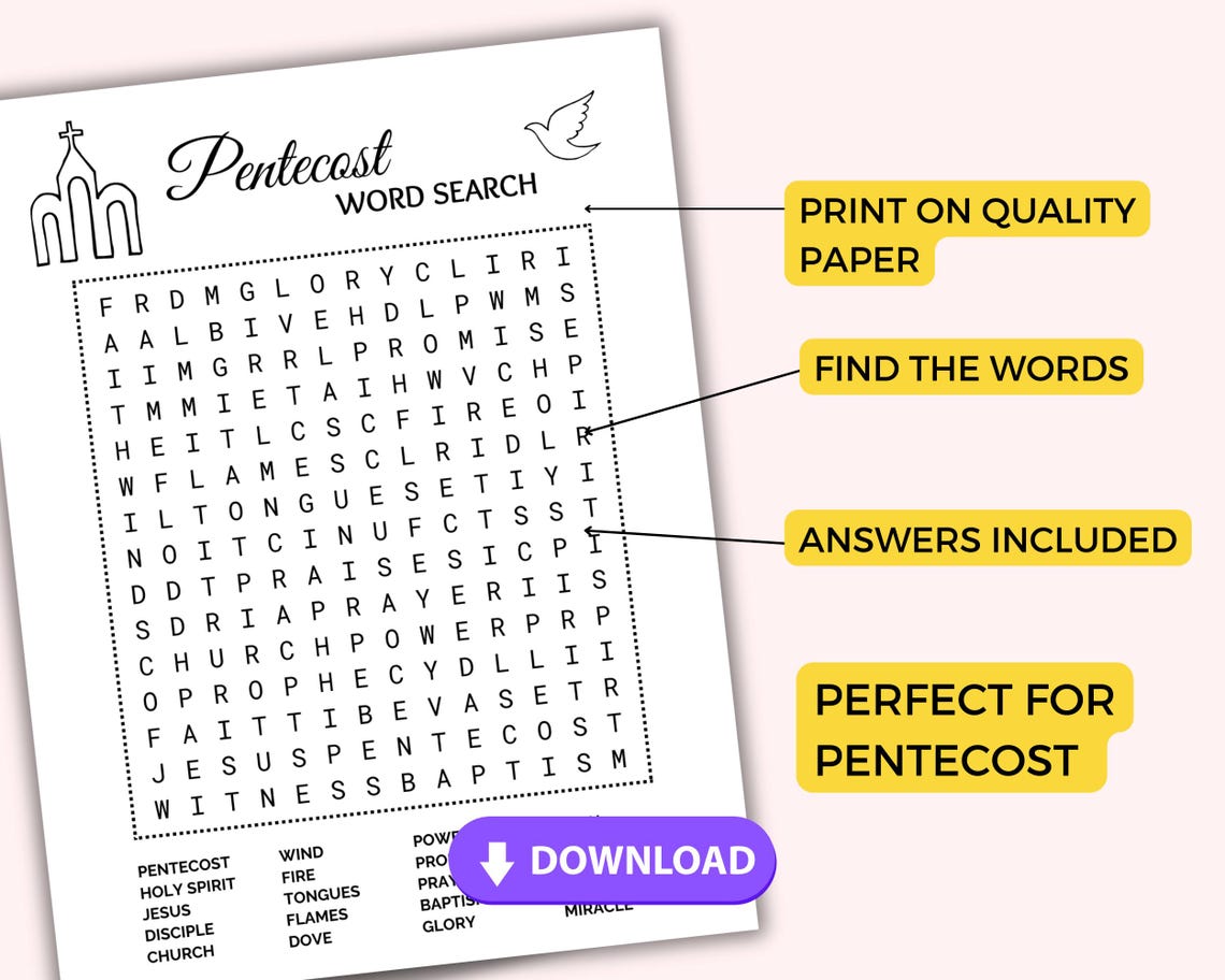 Pentecost Wordsearch Printable Pentecost Bible Activity for Kids Study ...