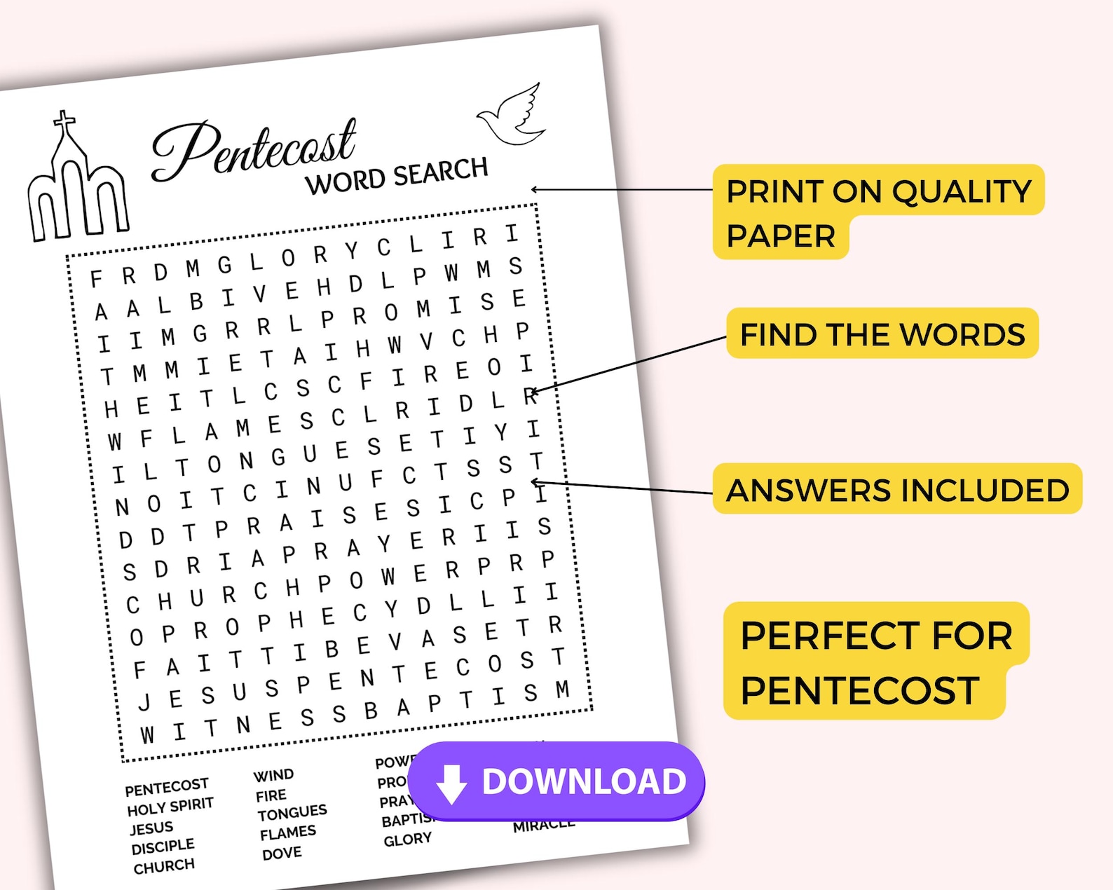 Pentecost Wordsearch Printable Pentecost Bible Activity for Kids Study ...