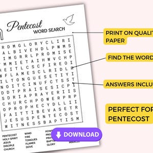 Pentecost Wordsearch Printable Pentecost Bible Activity for Kids Study ...