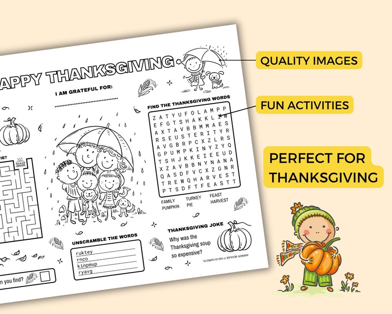 Thanksgiving Coloring Placemat for Kids, Printable Fall Activity Sheet ...