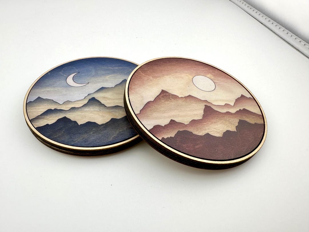 Sun and Moon Magnets, Mountain Refrigerator Magnet Set, Boho Wood Frig ...
