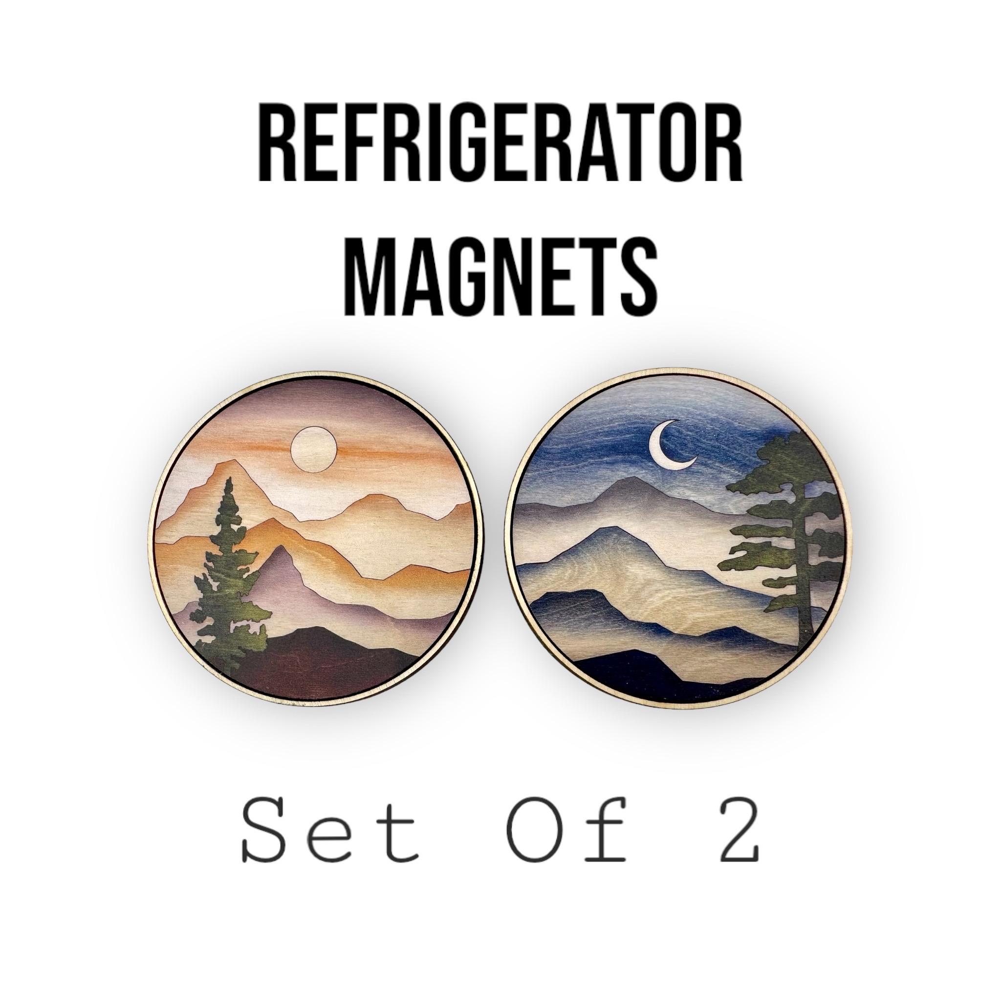 Forest Mountain Wood Magnets, Adventure Cabin Frig Decor, Sun and Moon ...