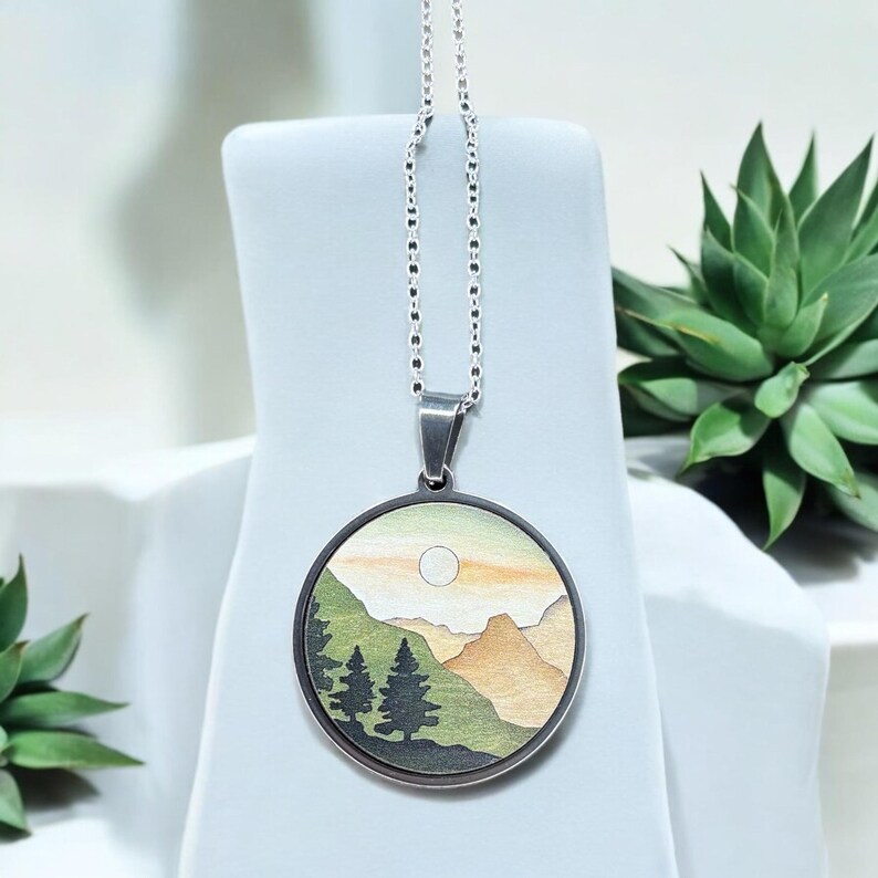 Mountain Landscape Pendant Necklace | Wooden Nature Scene Jewelry ...