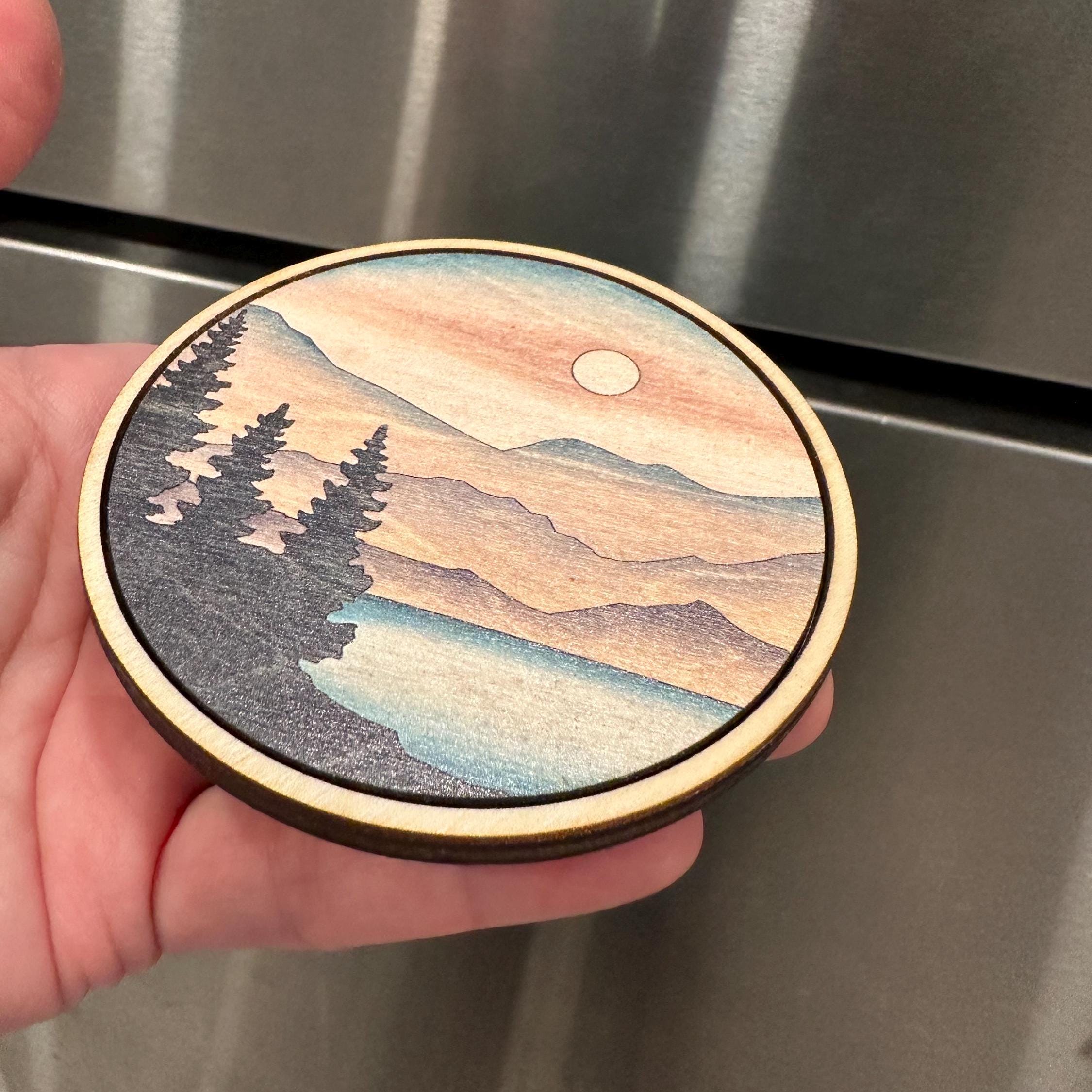 Handcrafted Wooden Magnet Set – Lake & Mountain Sunrise and Moonlight ...