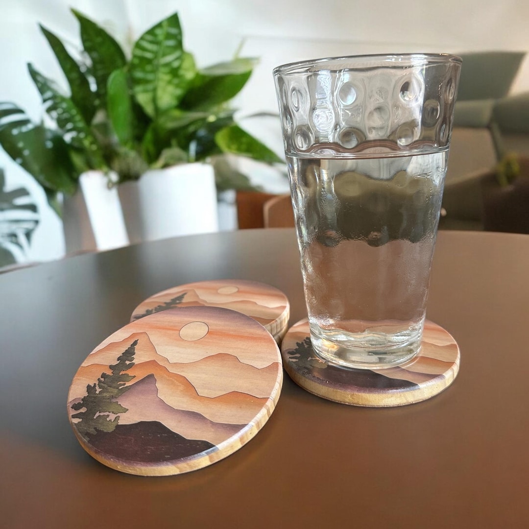 Sunset Mountain Wood Coasters Set of 4 | Rustic Nature Scene Drink ...