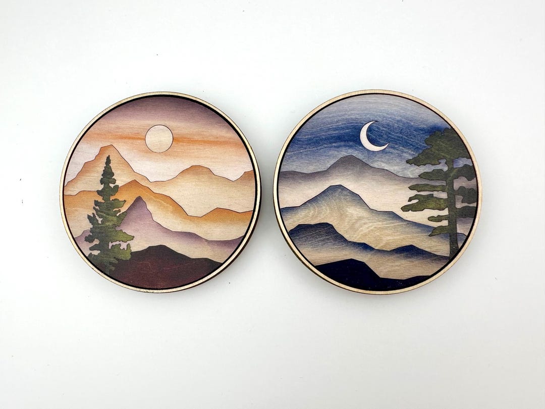 Forest Mountain Wood Magnets, Adventure Cabin Frig Decor, Sun and Moon ...