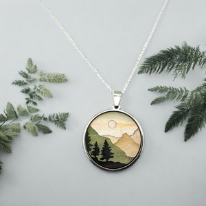 Mountain Landscape Pendant Necklace | Wooden Nature Scene Jewelry ...