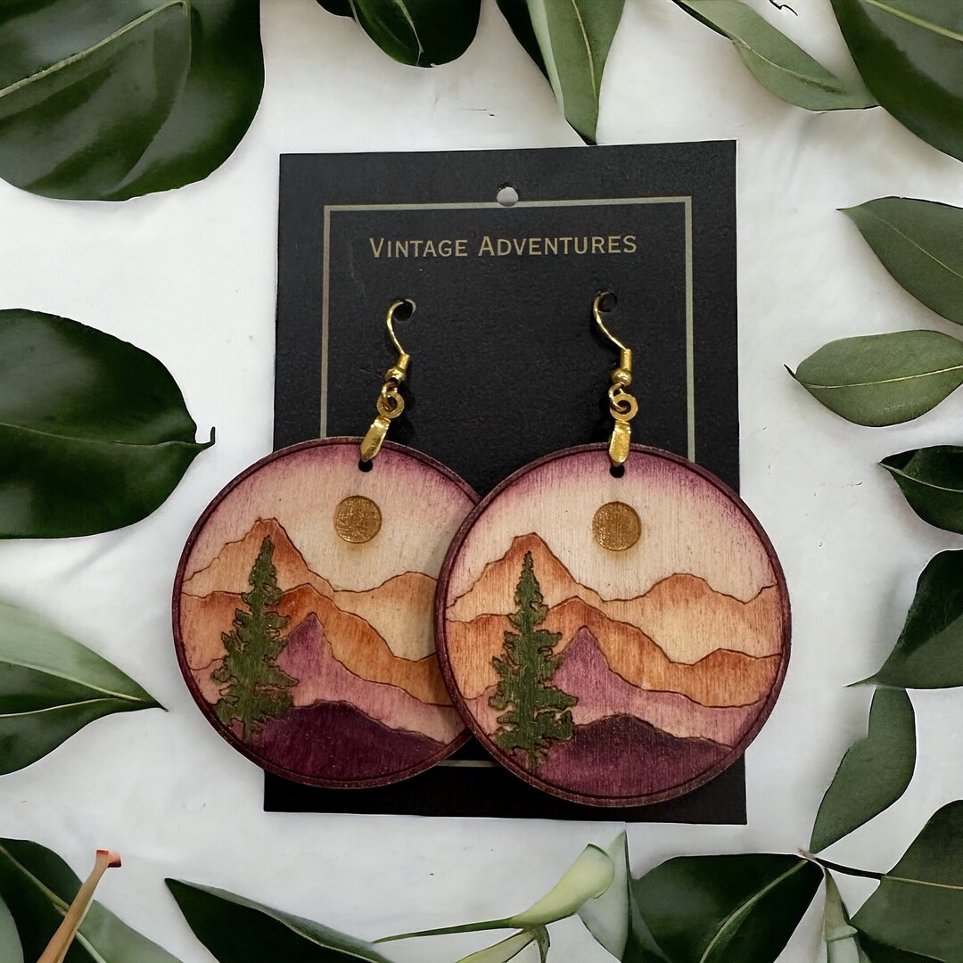 Mountain Landscape Dangle Wood Earrings Forest Light Weight Hand ...