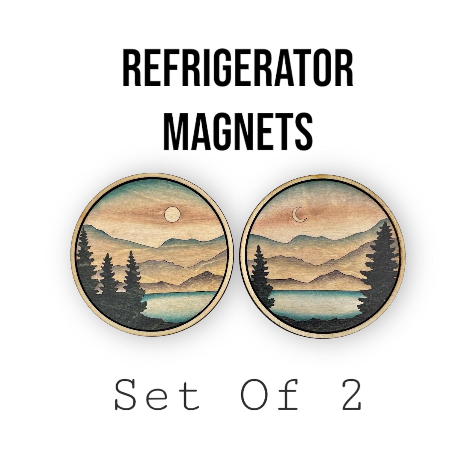 Handcrafted Wooden Magnet Set – Lake & Mountain Sunrise and Moonlight ...