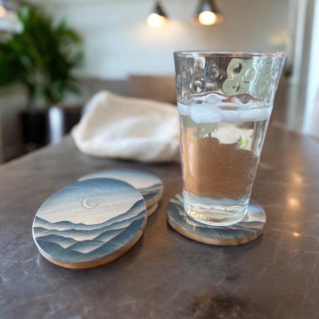 Blue Moon Mountain Wood Coasters Set of 4 | Cool Toned Nature Scene ...