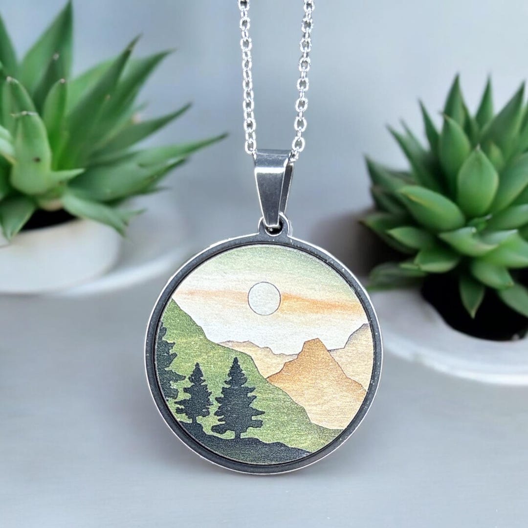 Mountain Landscape Pendant Necklace | Wooden Nature Scene Jewelry ...