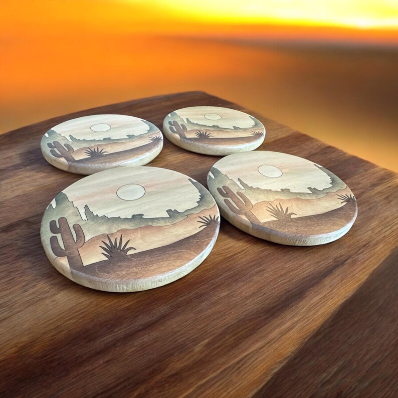 Desert Wood Coaster Set, Cactus Wooden Coaster Set, End Table Coasters ...