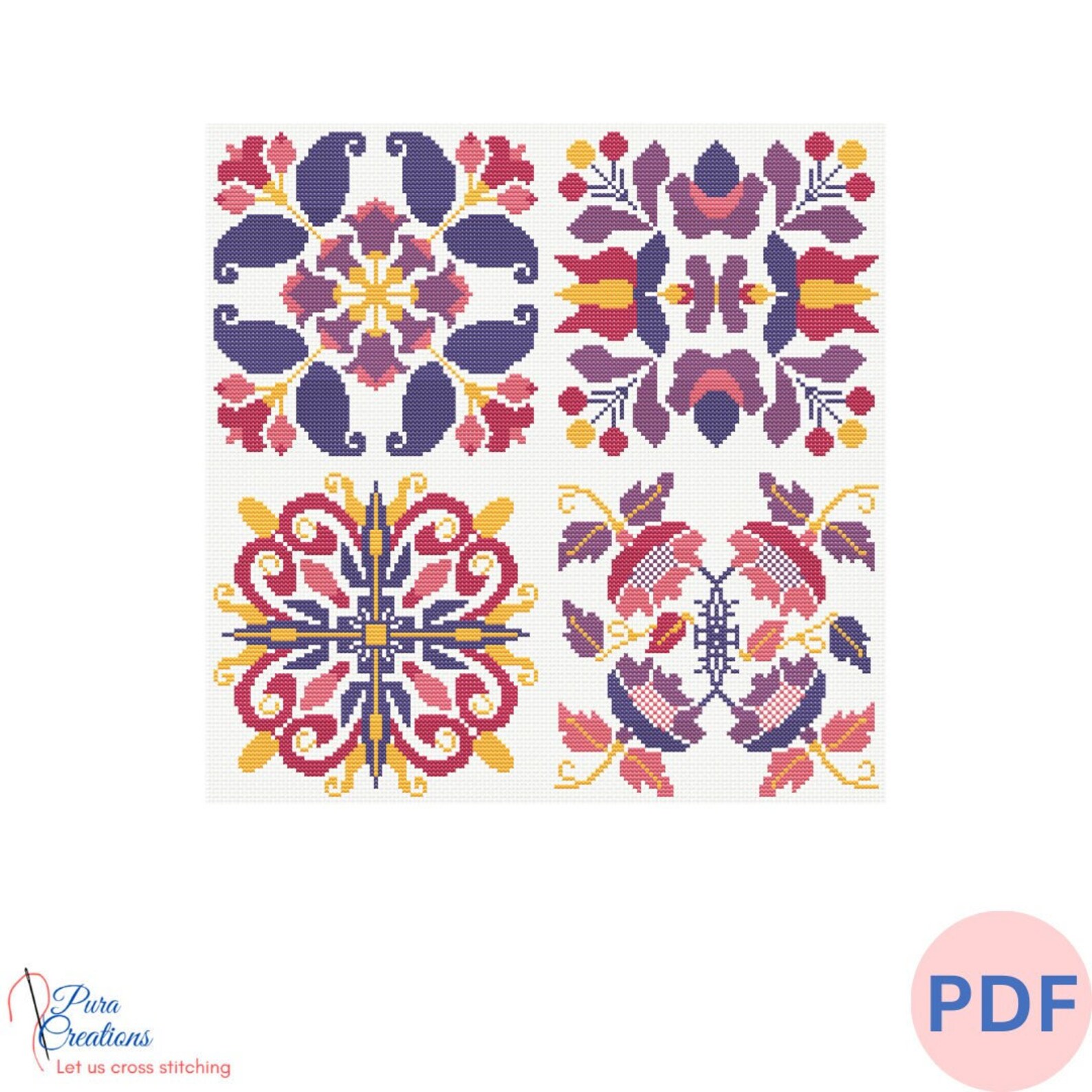 Flowers by Four Cross Stitch Pattern, Digital Format PDF, Symmetry and ...