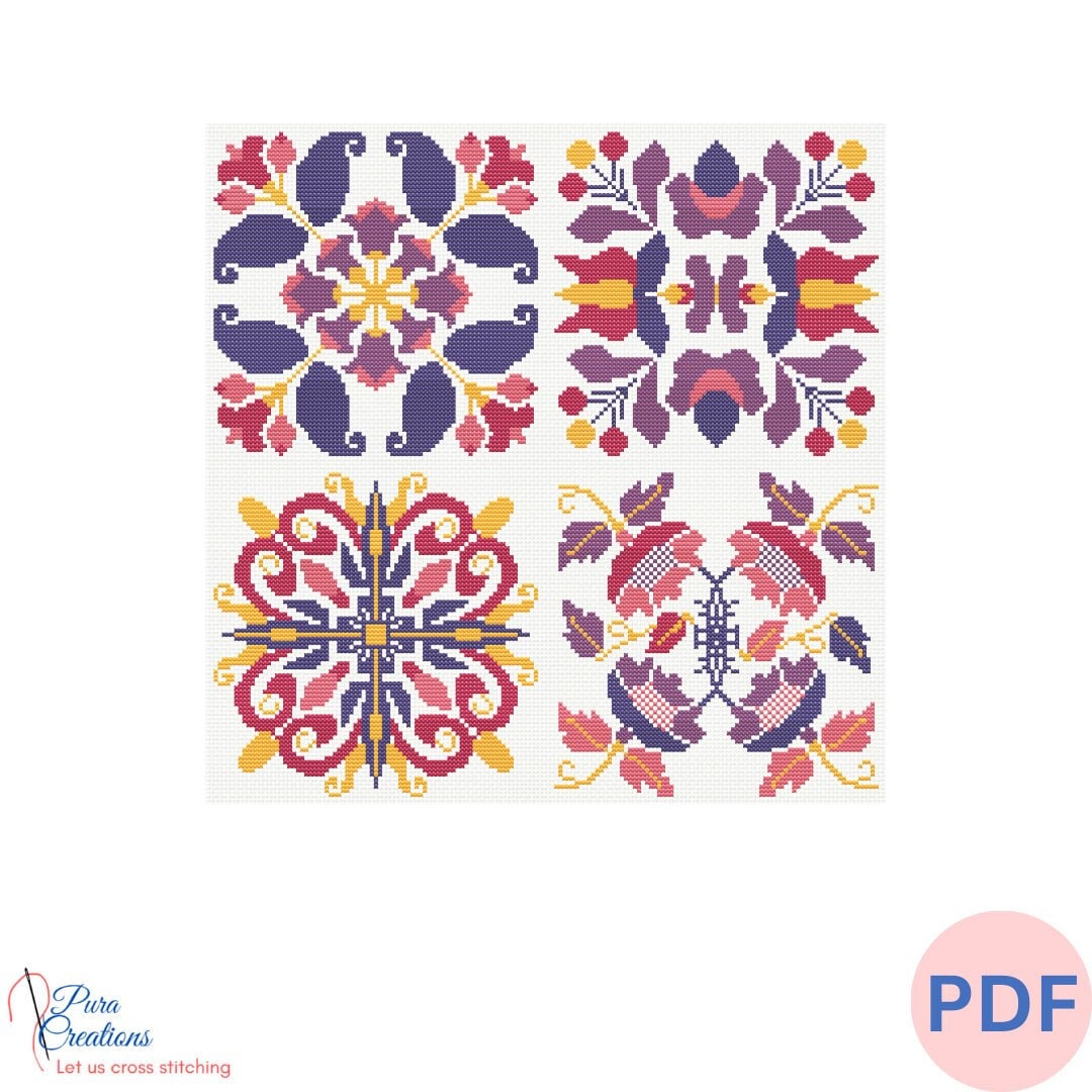 Flowers by Four Cross Stitch Pattern, Digital Format PDF, Symmetry and ...