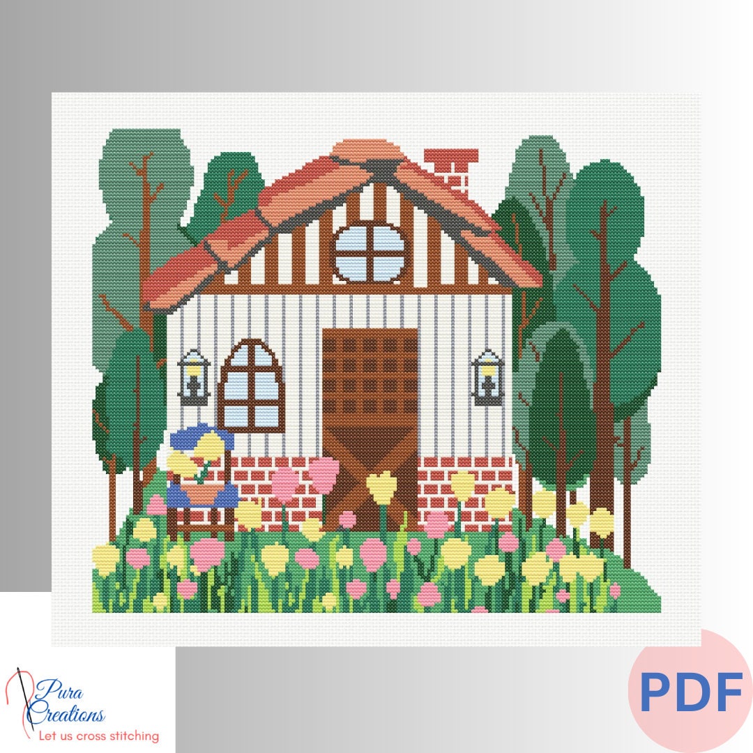 Cottage in Spring, Counted Cross Stitch Pattern, Garden Country ...