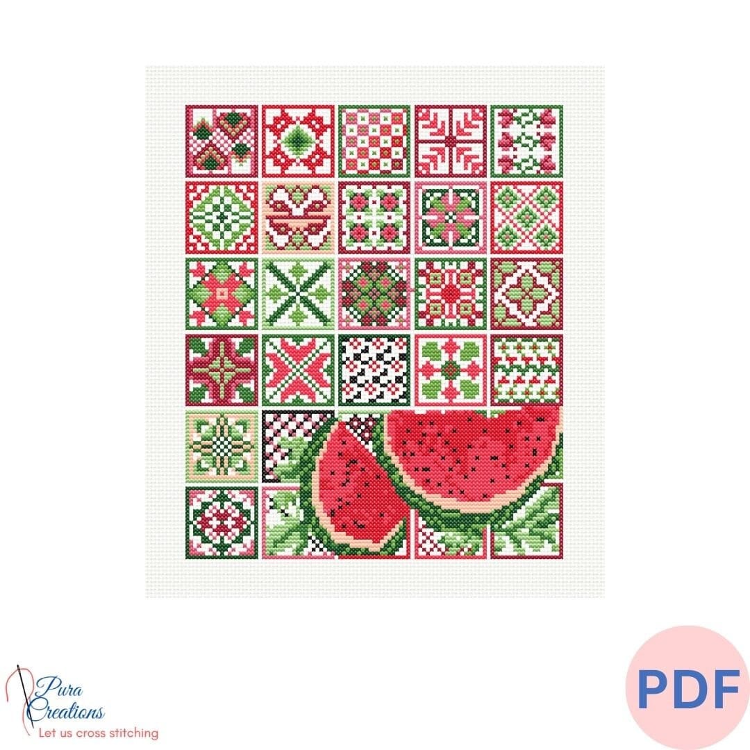 Watermelon Mosaic Cross Stitch Pattern: Summer Tiles Design (PDF ...