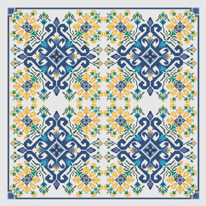 Talavera Cross Stitch Pattern - Cobalt Floral Tile (PDF Chart) - Etsy