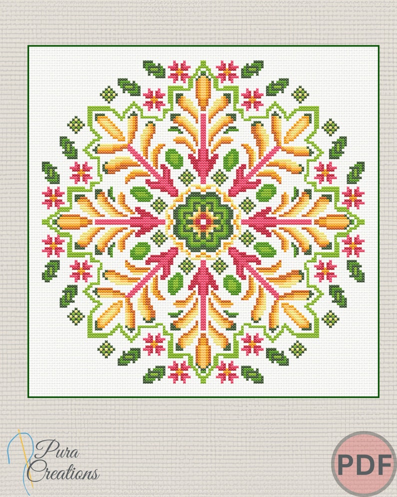 Floral Rose Vitral Cross Stitch Pattern, Digital Format PDF, Symmetry ...