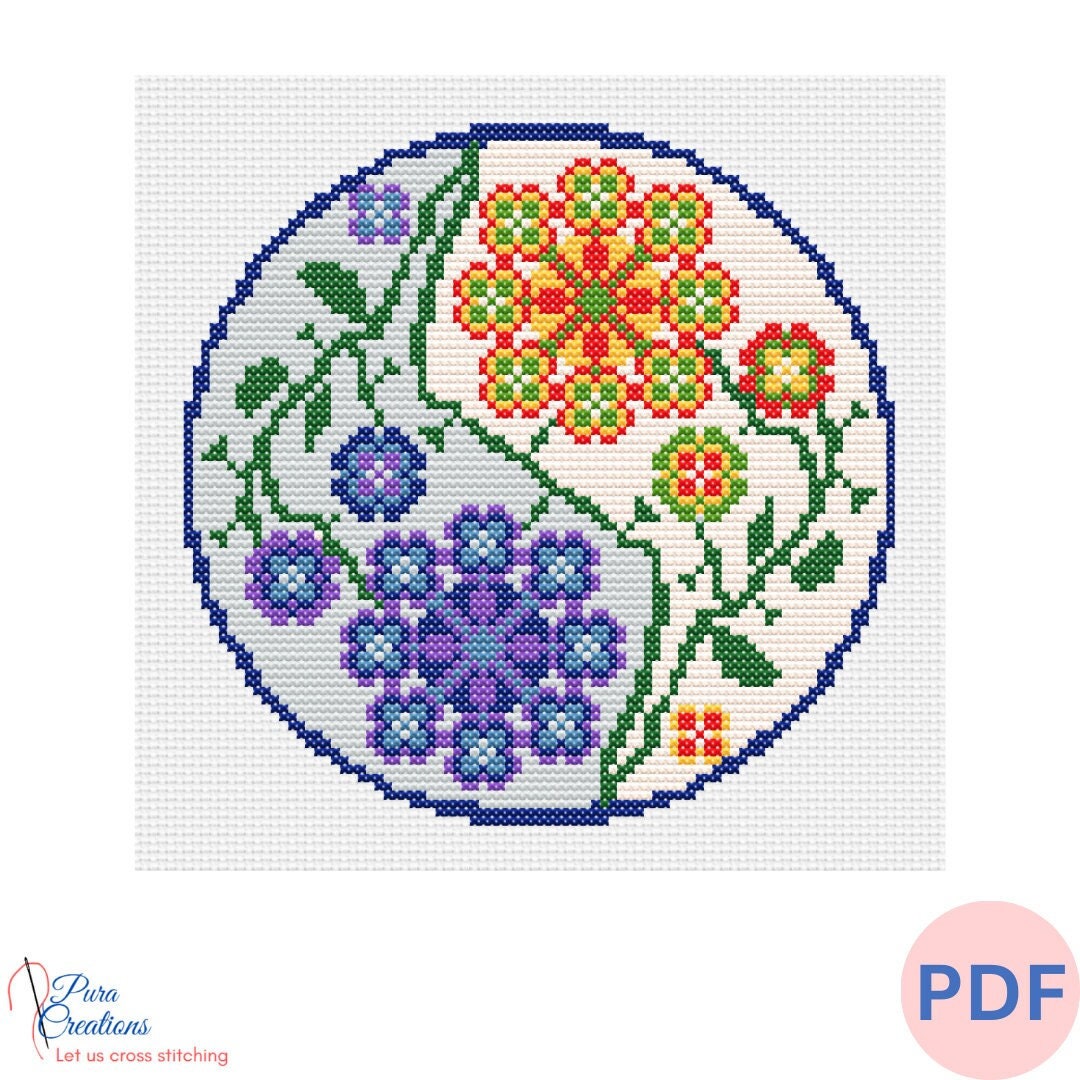 Yin Yang Flowers Cross Stitch Pattern: Spring Mosaic (digital PDF) - Etsy