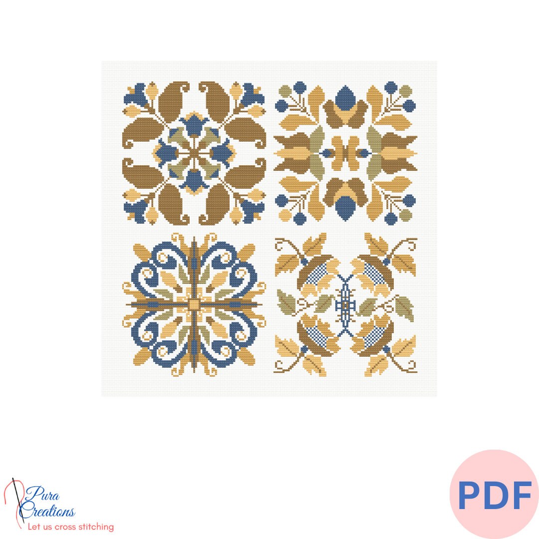 Flowers by Four Gold Cross Stitch Pattern, Digital Format PDF, Symmetry ...