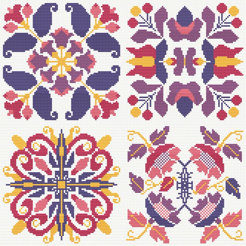 Flowers by Four Cross Stitch Pattern, Digital Format PDF, Symmetry and ...