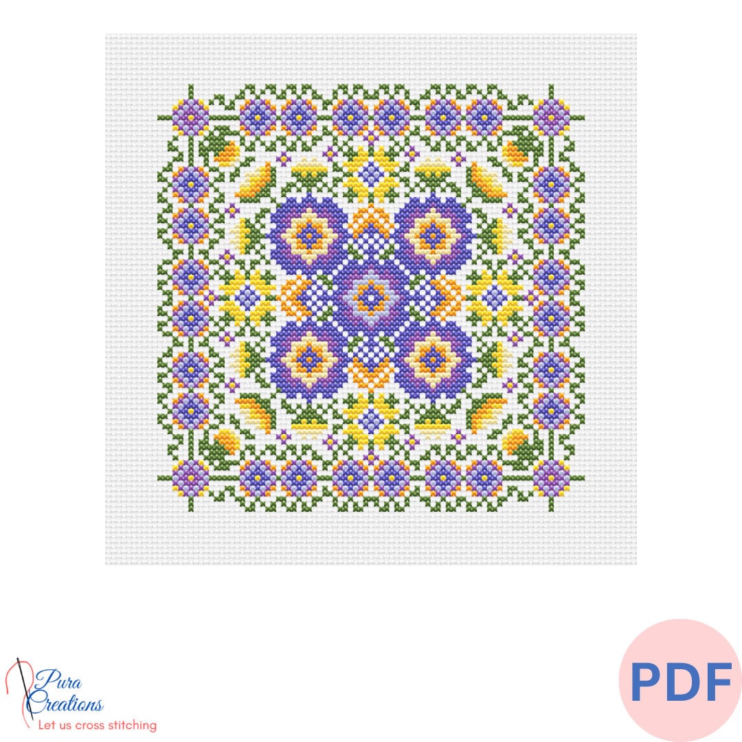 Violet Flowers Cross Stitch Pattern. Download PDF. Handmade Home Decor ...