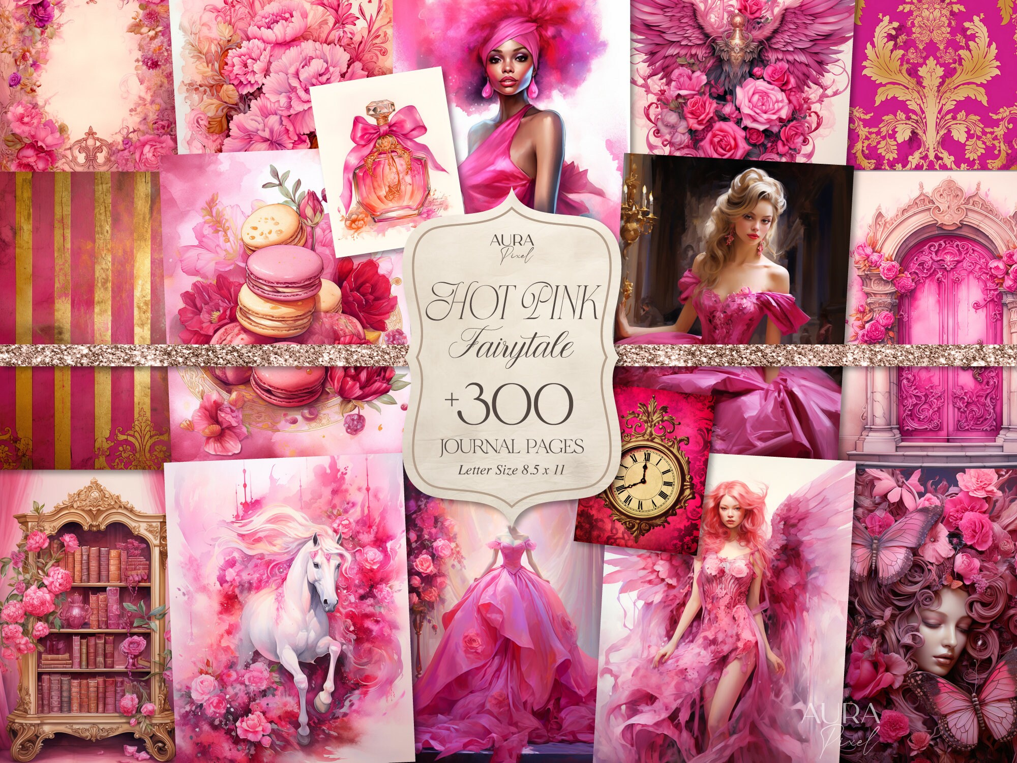Hot Pink Fairy Tale Junk Journal Kit Magenta Princess Watercolor Pages ...