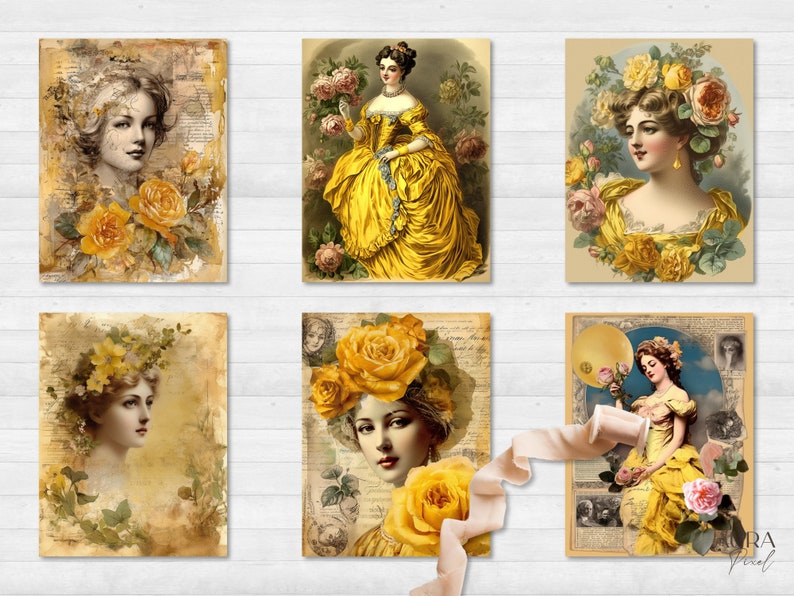 Yellow Victorian Ladies Junk Journal Pages, Bundle Vintage Victorian ...