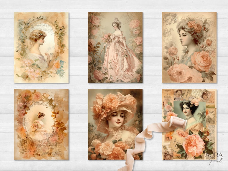 Peach Victorian Ladies Junk Journal Pages, Bundle Vintage Victorian ...
