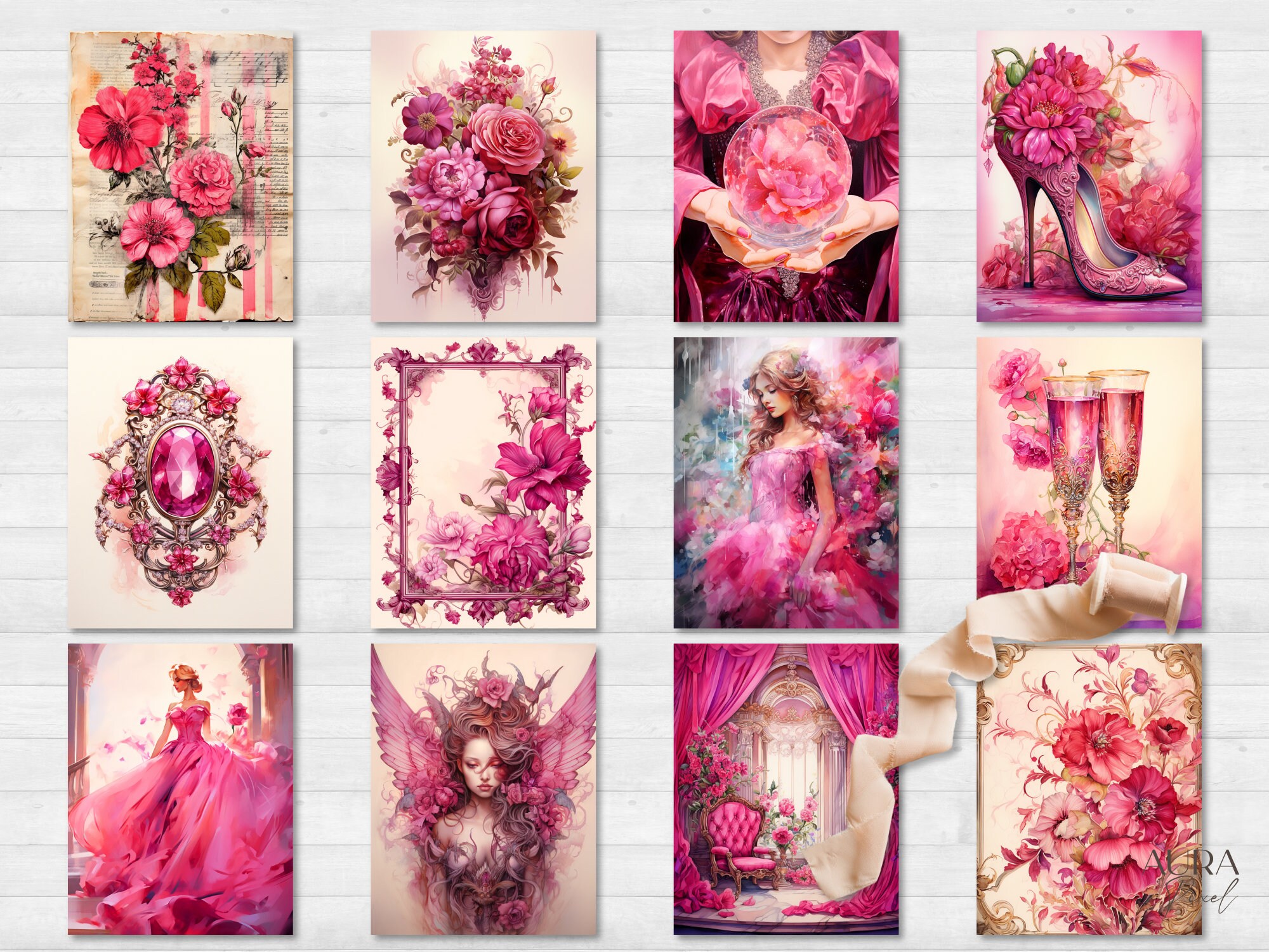 Hot Pink Fairy Tale Junk Journal Kit Magenta Princess Watercolor Pages ...