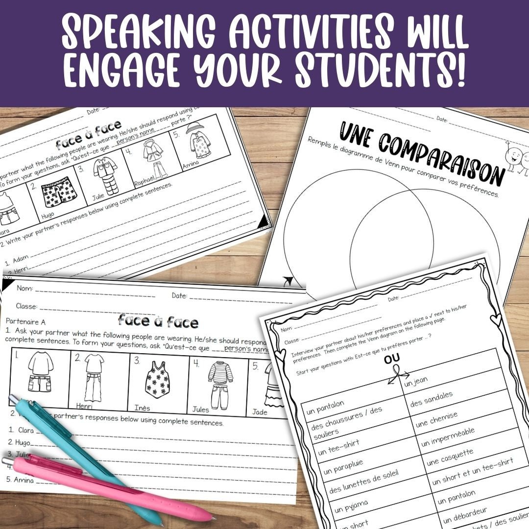 French Clothing Vocabulary Worksheets: Speaking & Writing Activities ...