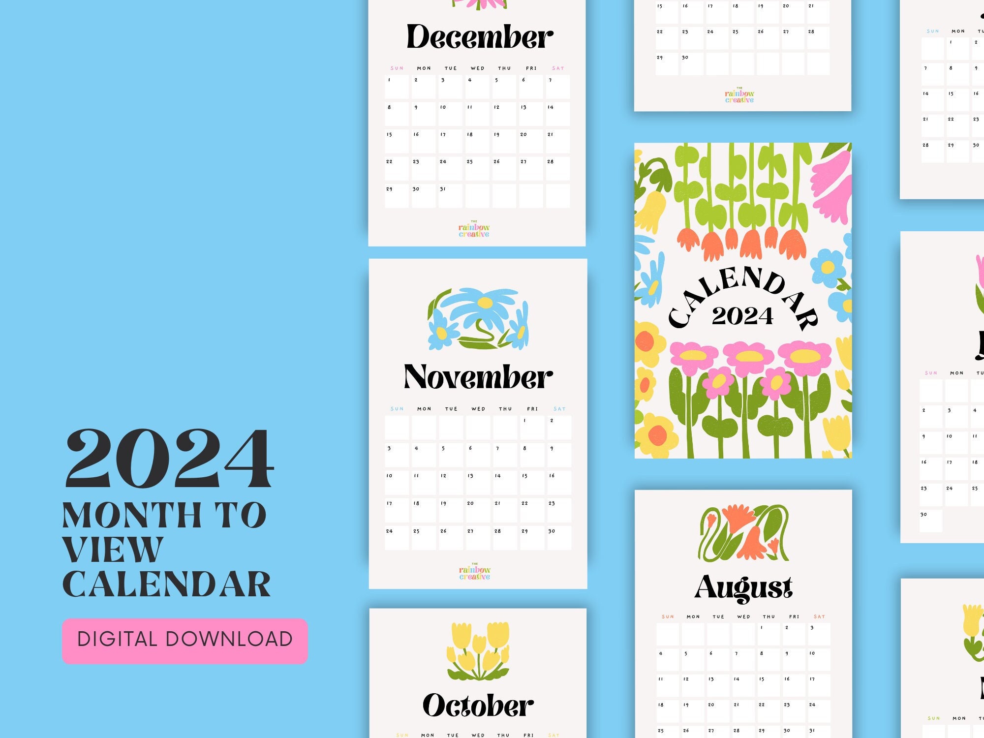 2024 Colourful Calendar // Printable Calendar 2024, Floral Calendar ...