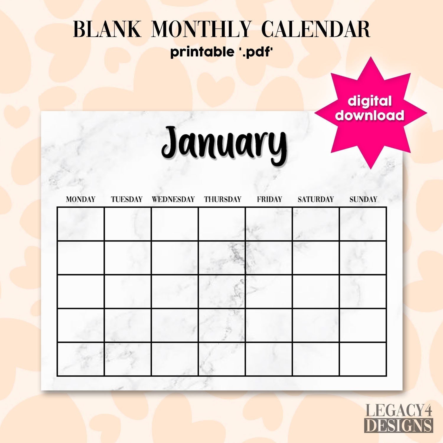 Blank Monthly Calendar (monday-start) Marble Calendar, 11 X 8.5 Inches ...