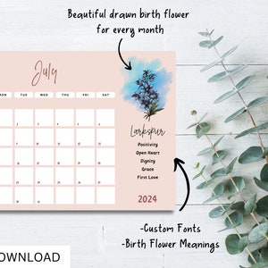 Birth Flowers Calendar | Digital Printable PDF Calendar | Monthly ...
