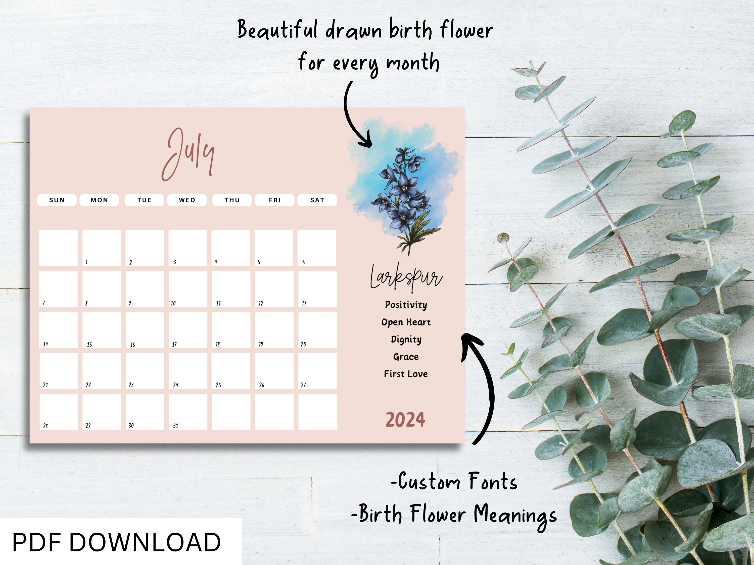 Birth Flowers Calendar | Digital Printable PDF Calendar | Monthly ...