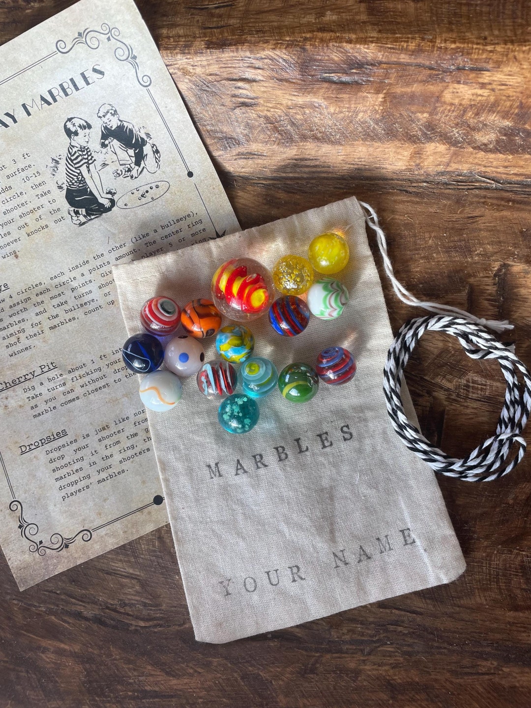 Personalized Hand-stamped Marble Bag +15 Marbles, Vintage Inspired ...