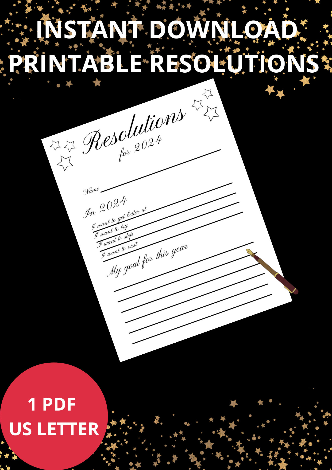 2024 Resolutions Printable Retro New Year Resolution Card Minimalist ...