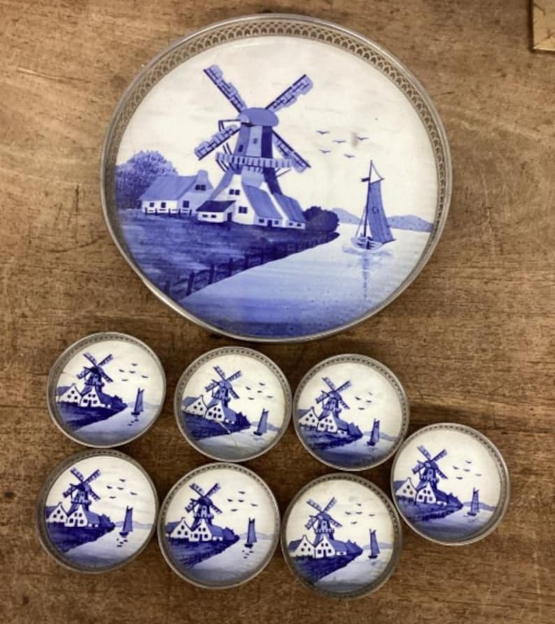 Delft Holland- German Hand-painted Tile Tray & Coaster Set - Etsy