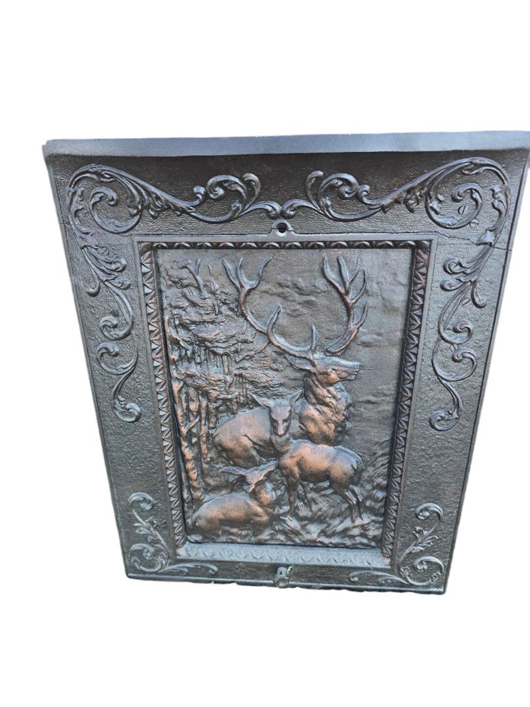 Antique Cast Iron Summer Fireplace Cover Door *bull Elk/calves 25” X 20 ...